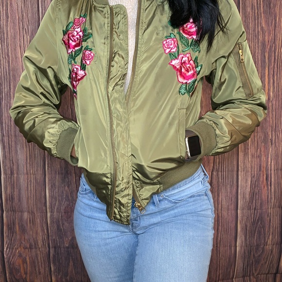Love Tree | Jackets & Coats | Love Tree Floral Embroidery Bomber Jacket ...